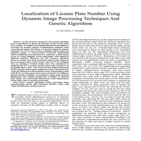 Localization of license plate number using dynamic image processing techniques and genetic ...