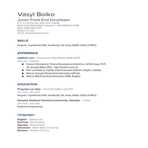 Resume - Junior Front End Developer - Vasyl Boiko | DOCX