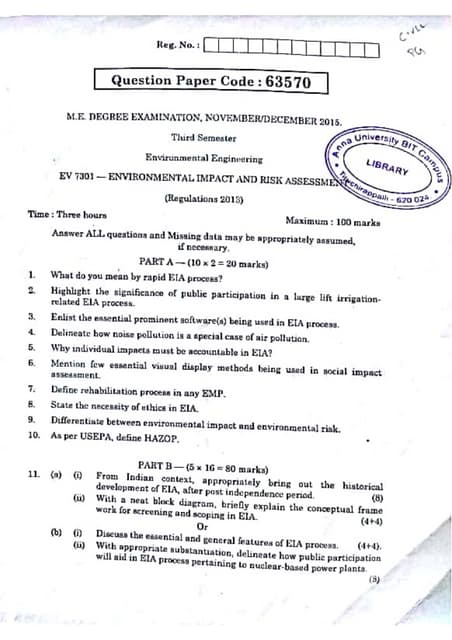 Ev5002 Solid and hazardous waste management-previous year question paper | PDF