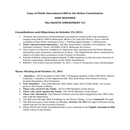 Eighth Amendment Bill to the Belize Constitution: Formerly the Ninth ...