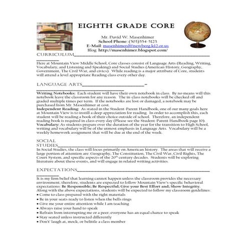 Eighth grade core syllabus | DOC