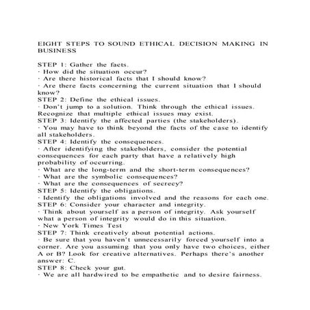 EIGHT STEPS TO SOUND ETHICAL DECISION MAKING IN BUSINESSSTEP 1 | DOCX