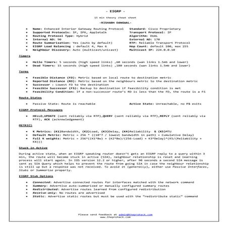 Eigrp Cheatsheet - EIGRP in 15 min - Rishabh Dangwal - www.theprohack.com