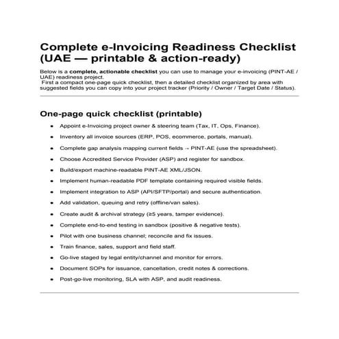 UAE E-Invoicing Compliance Checklist | VAT & Corporate Tax Ready Guide ...