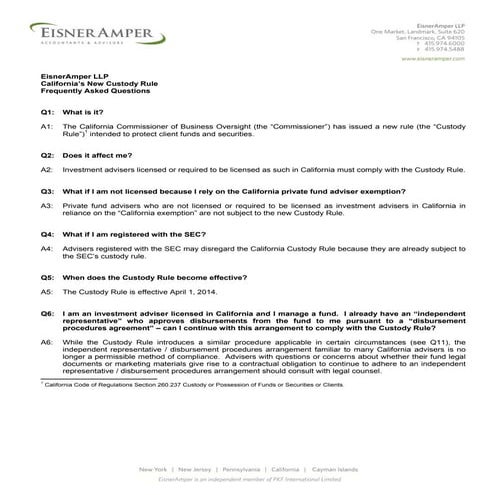 EisnerAmper LLP Explains the new California custody rule | PDF