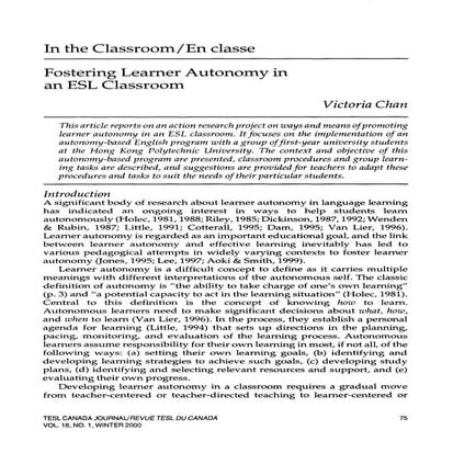 Fostering Learner Autonomy in an ESL Classroom | PDF | Workshops and Classes | Hobbies & Interests