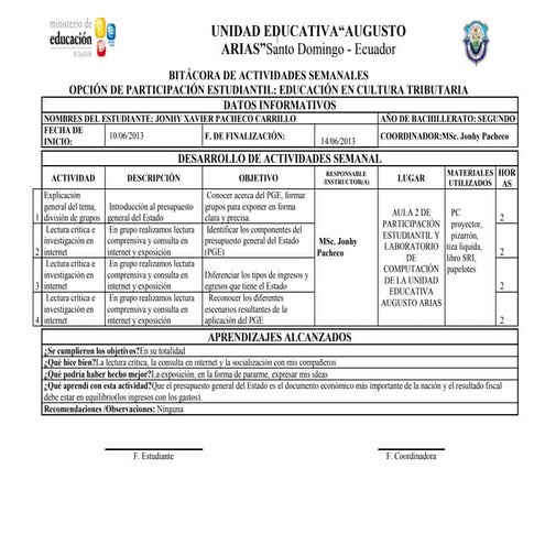Ejemplo bitacora del colegio augusto arias | DOCX