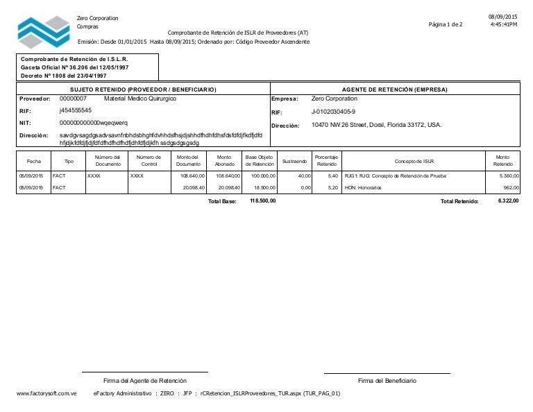 Ejemplo de Comprobante de Retención de Impuesto sobre la renta ISLR V…