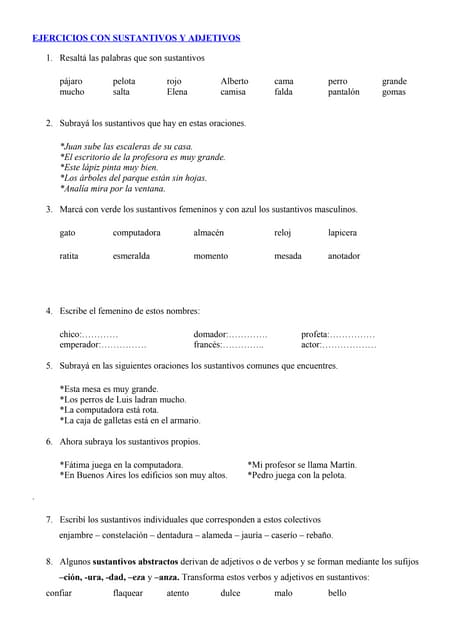 Adjetivo Ejercicios Para Aprender Espaol Sustantivos Y Adjetivos