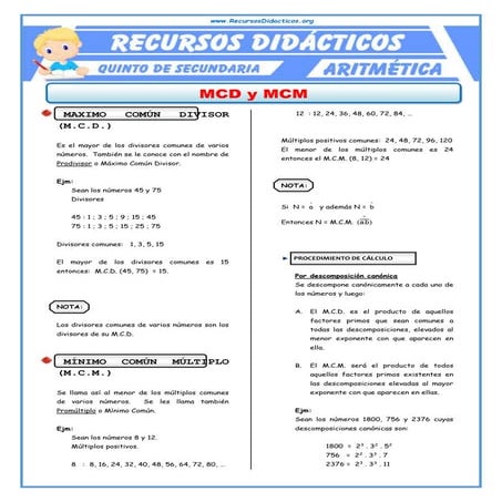 Hoja De Trabajo De Mcm Y Mcd Con Respuestas Cálculo Del Mínimo