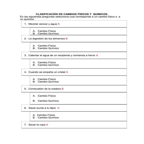 Hojas De Trabajo Sobre Cambios Físicos Y Químicos Con Respuestas