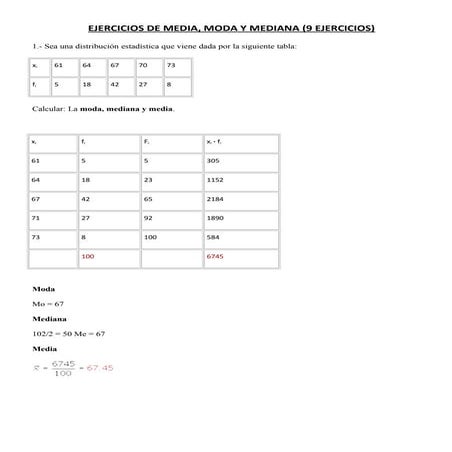 Ejercicios de media, moda y mediana (9 ejer) | PDF