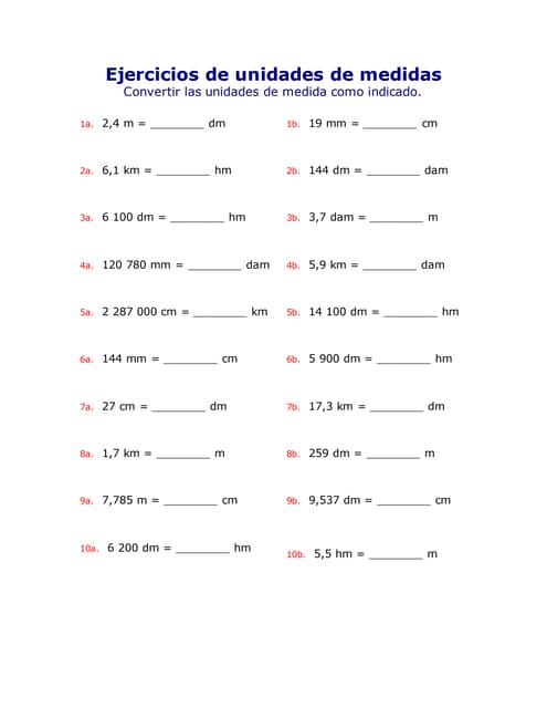 Hoja De Trabajo De Conversión De Medidas Métricas Ejercicios De