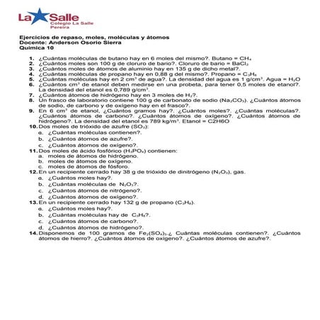 Ejercicios Moles Moléculas Y átomos 1 Doc