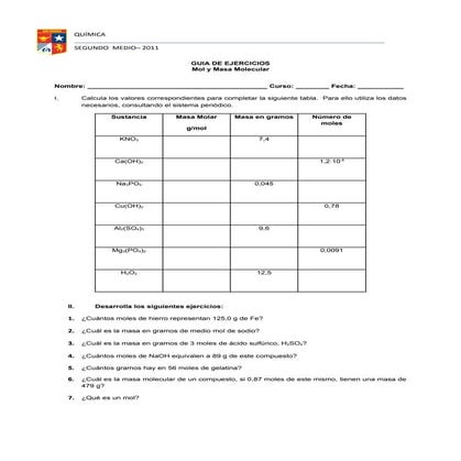 Hoja De Trabajo Sobre Mole Y Masa