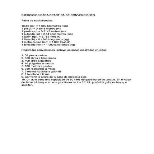 Ejercicios para práctica de conversiones 10° física | DOC