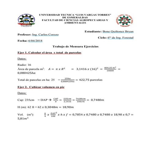 Ejercicios sobre calculos de cubicacion madera rolliza, arbol en pie ...