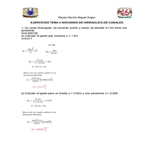 CALCULO DE CAUDAL - FORMULA DE MANNING-Canal hidraulica | DOCX