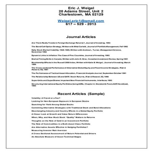 E Weigel Sample Publications | DOCX | Stocks and Bonds | Personal Investing