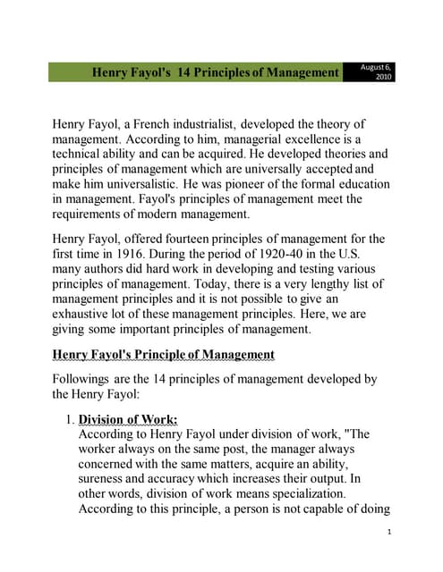 Henri Fayol's 14 Principles of Management | PDF