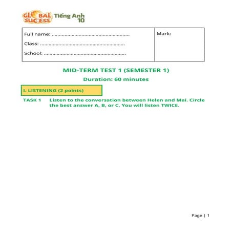 Đề kiểm tra anh 10 Global có file nghe MID-TERM TEST 1 (Semester 1).docx
