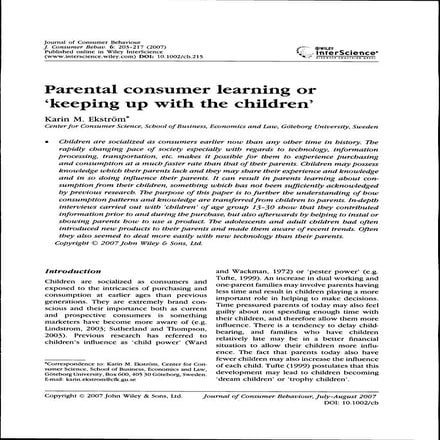 Ekstrom, k. (2007) parental consumer learning or 'keeping up with the ...