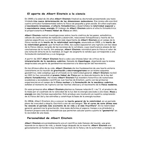 El aporte de albert einstein a la ciencia biografia | PDF