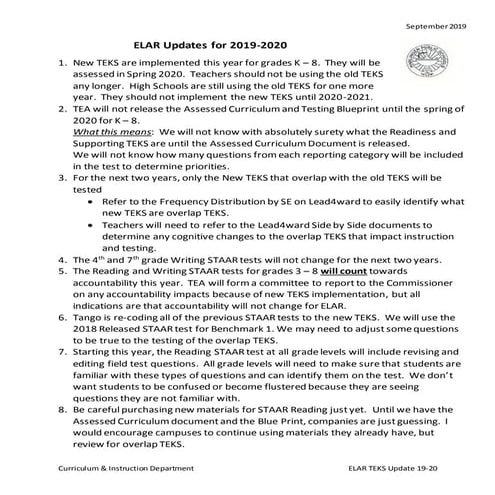 Elar updates for 2019 | DOCX | Educational Assessment | Education