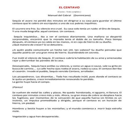 El Centavo de manuel del Cabral (Cuento completo) y Biografia. | DOCX