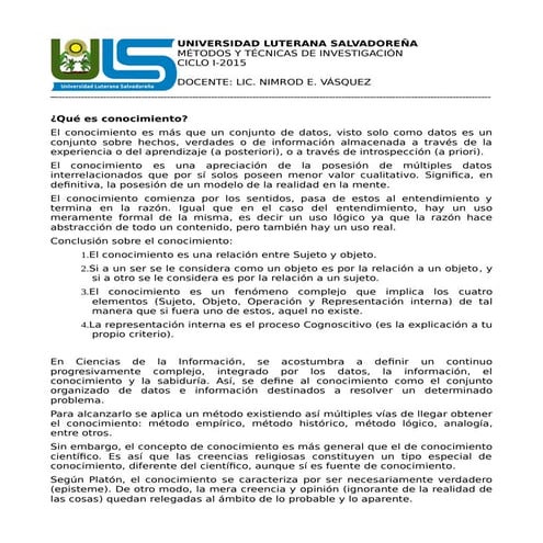 El conocimiento - Métodos y técnicas de investigación - ULS | PDF