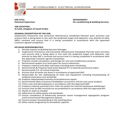 Electrical supervisor Job Description | PDF | Business | Business and ...