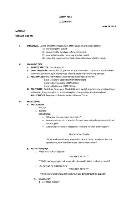 science 8 electricity lesson plan | DOCX