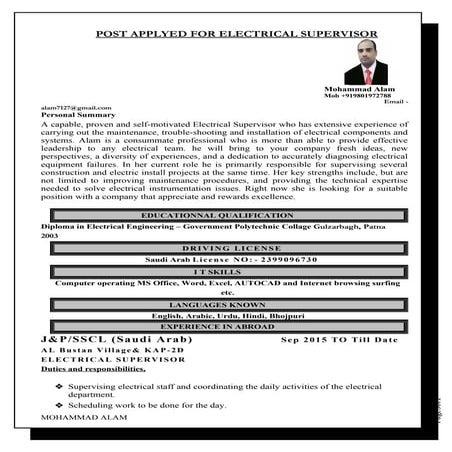 Electrical supervisor 01 11-2018 | DOC | Civil Engineering Industry ...