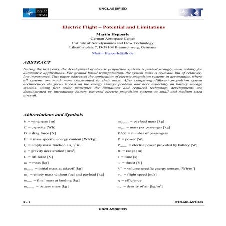 Electric flight – Potential and Limitations (2012) | PDF