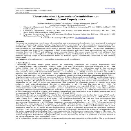 Electrochemical synthesis of o anisidine - o-aminophenol ‎copolymers ...