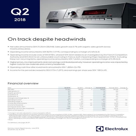 Electrolux Interim Report Q2 2018 - Report | PDF