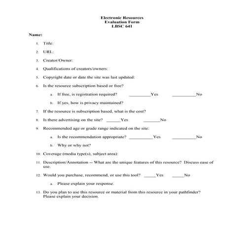 Electronic resources evaluation form (elms) | DOC