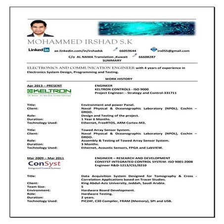 Resume electronics engineer 3years experience | DOC