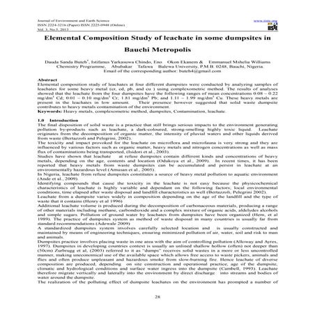 Elemental composition study of leachate in some dumpsites in bauchi ...