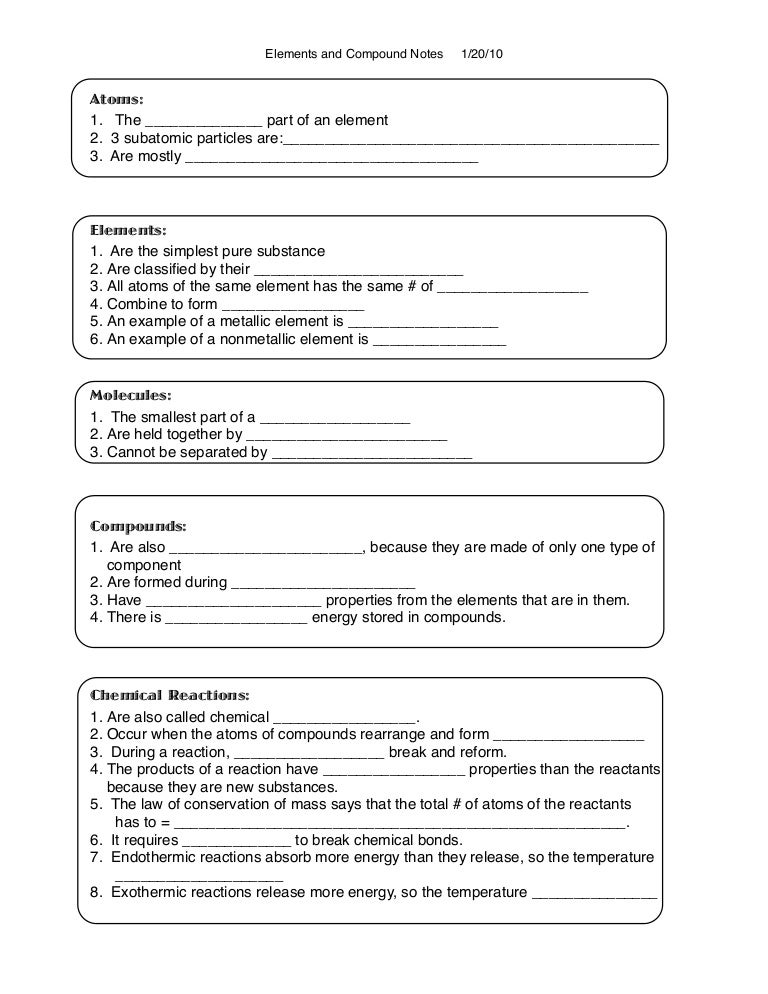 Elements And Compounds Cloze Notes