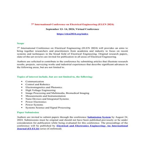 Call For Papers-7th International Conference on Electrical Engineering (ELEN 2024) | DOCX