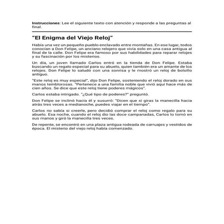 El Enigma del viejo reloj, Comprensión Lectora | PDF
