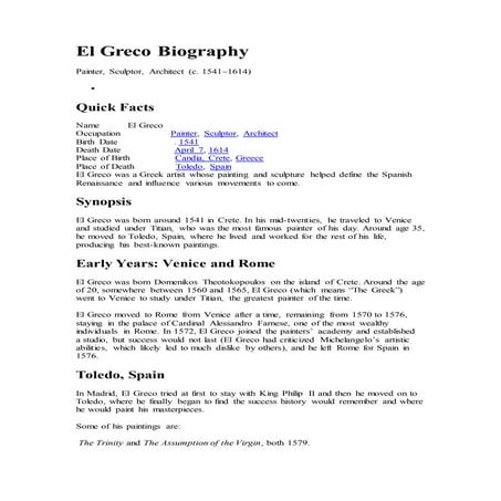 El Greco - Biography | DOCX | Christianity | Religion & Spirituality
