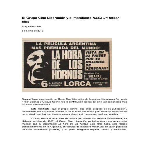 El grupo cine liberación y el manifiesto hacia un tercer cine | PDF
