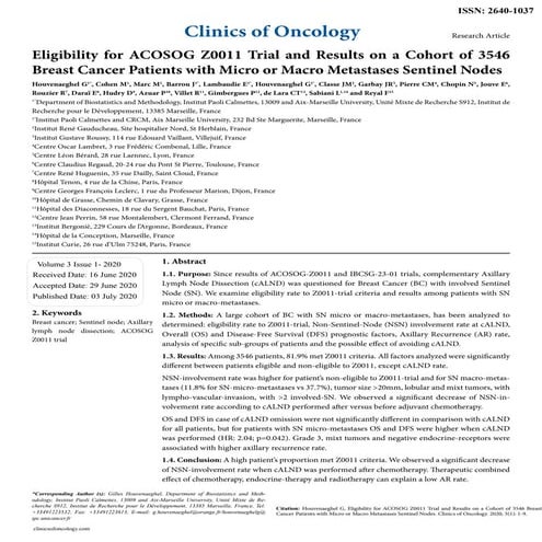 Eligibility for ACOSOG Z0011 Trial and Results on a Cohort of 3546 ...