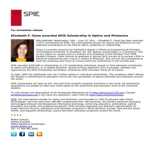 Elizabeth-Cloos-Release-SPIE-Scholarship-2011 | PDF