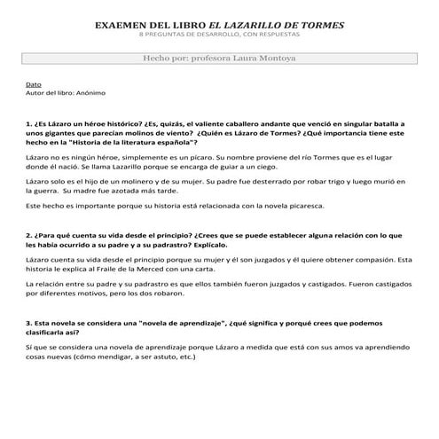 El Lazarillo de Tormes - Examen de lectura | PDF