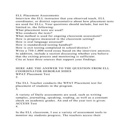 ELL Placement Assessments Interview the ELL instructor that you ob.docx ...