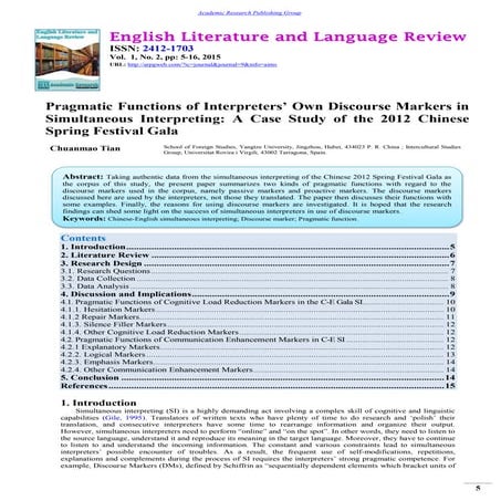 Pragmatic Functions of Interpreters? Own Discourse Markers in Simultaneous Interpreting: A Case ...