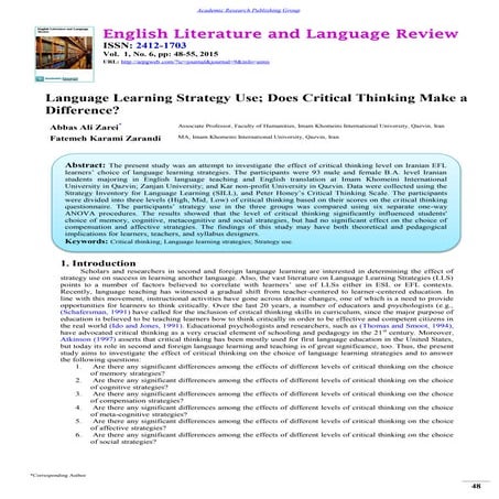 Language Learning Strategy Use; Does Critical Thinking Make a ...